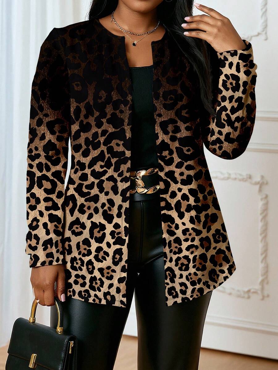 SHEIN Lady Plus Size Women Leopard Print Open Front Casual Elegant Long ...