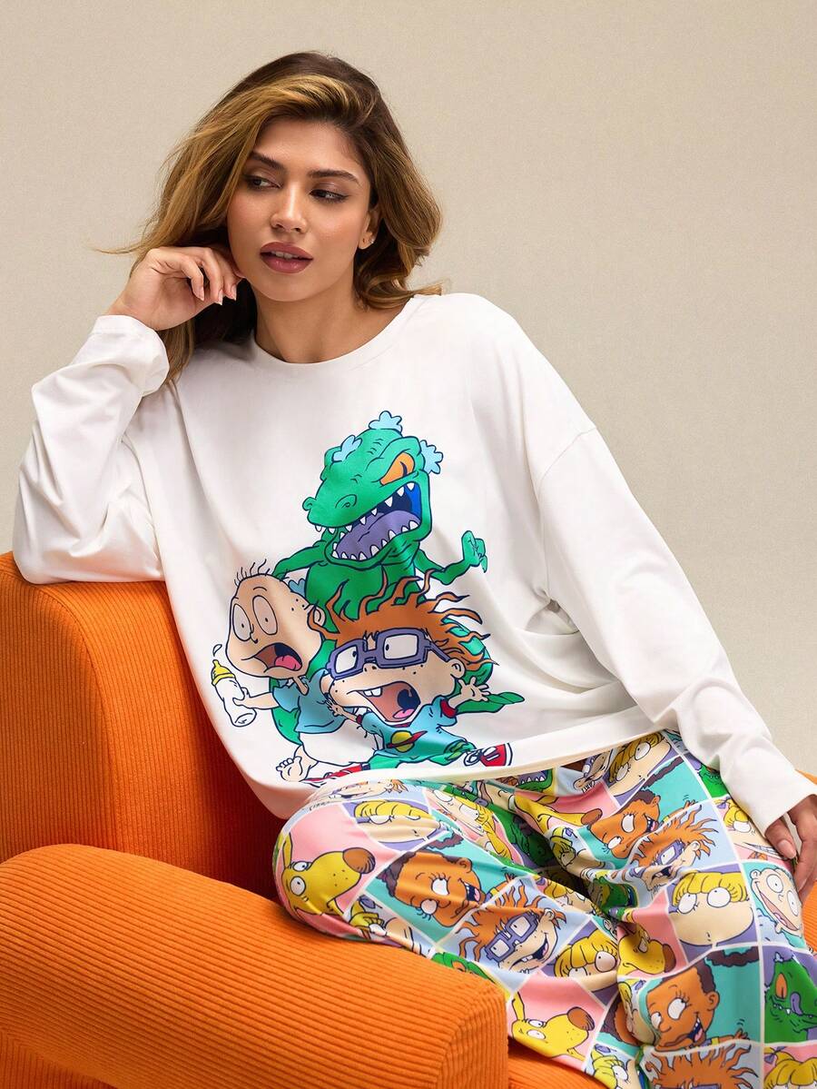 Nick 90s | SHEIN Conjunto de Pijama de Manga Longa e Calça com Estampa ...