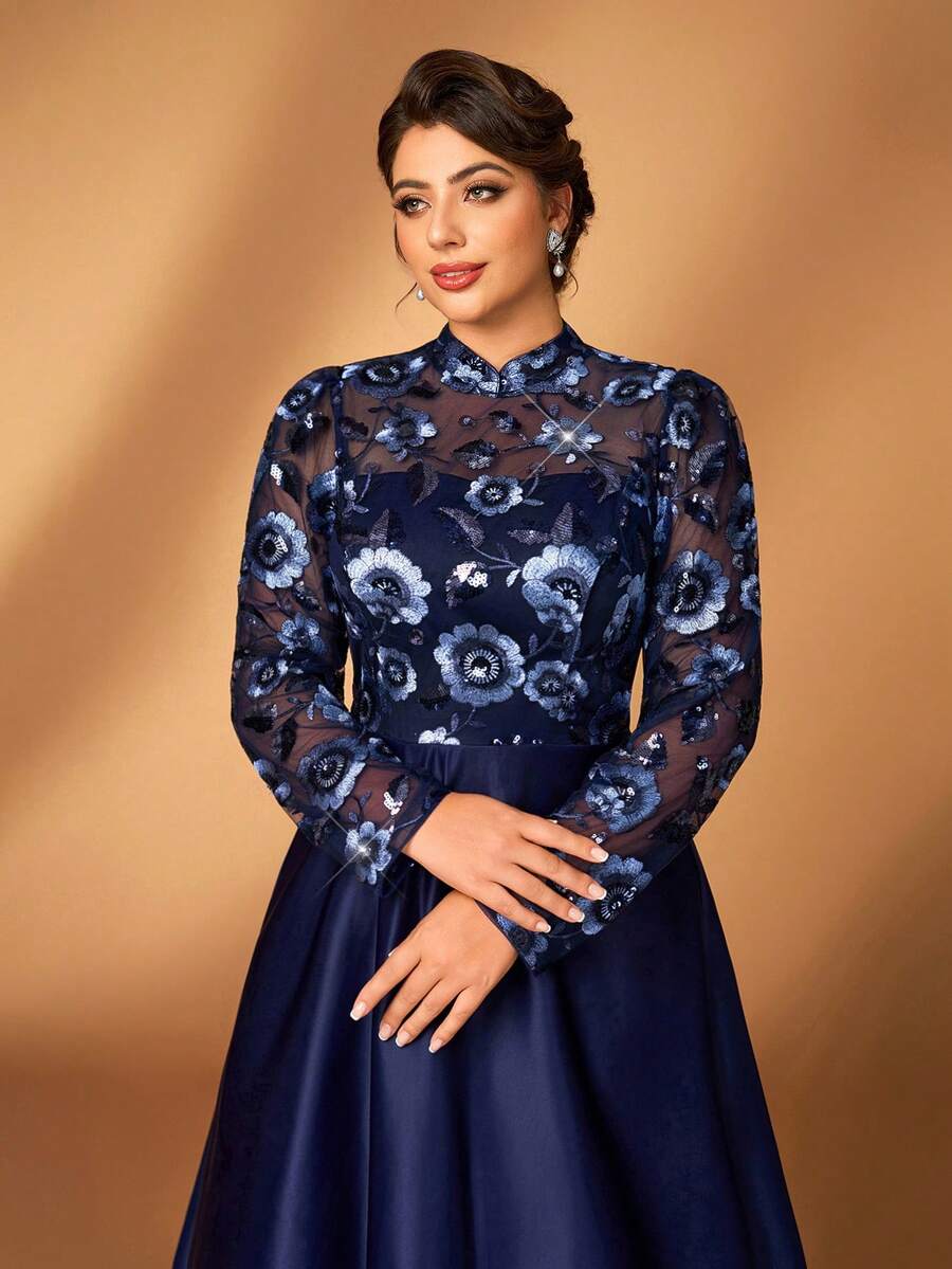 Serin Plus Size Elegant Romantic Black Embroidered Fabric Graceful ...