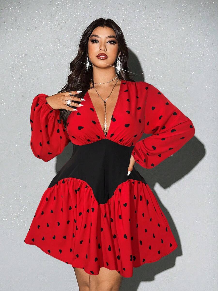 Viva Relle Vestido Ajustado com Estampa de Coração e Bloco de Cores ...