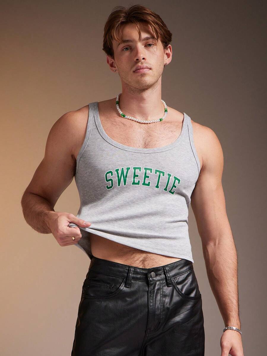 FeverCity Men's Tight-Fitting Sleeveless Top With Letter Print And ...