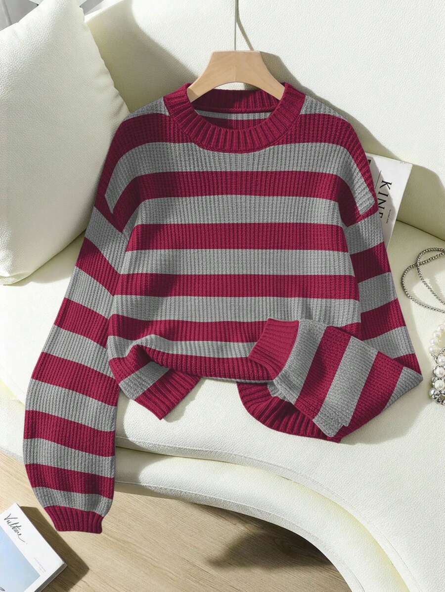 EMERY ROSE Casual Contrast Color Striped Drop Shoulder Sweater, Autumn ...