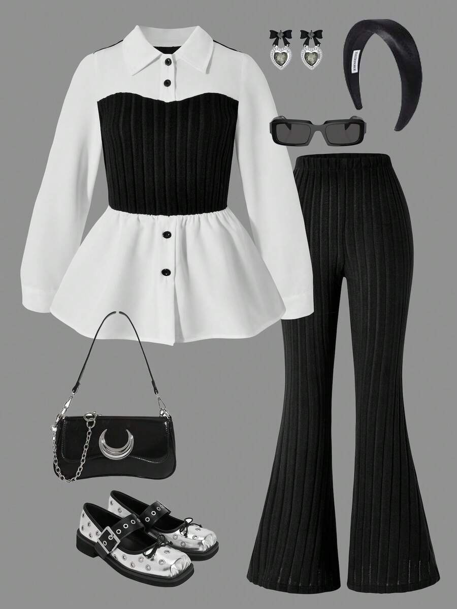 SHEIN 2 Stück/Set Mädchen Langarm Bluse mit Kragen & gerippte ...