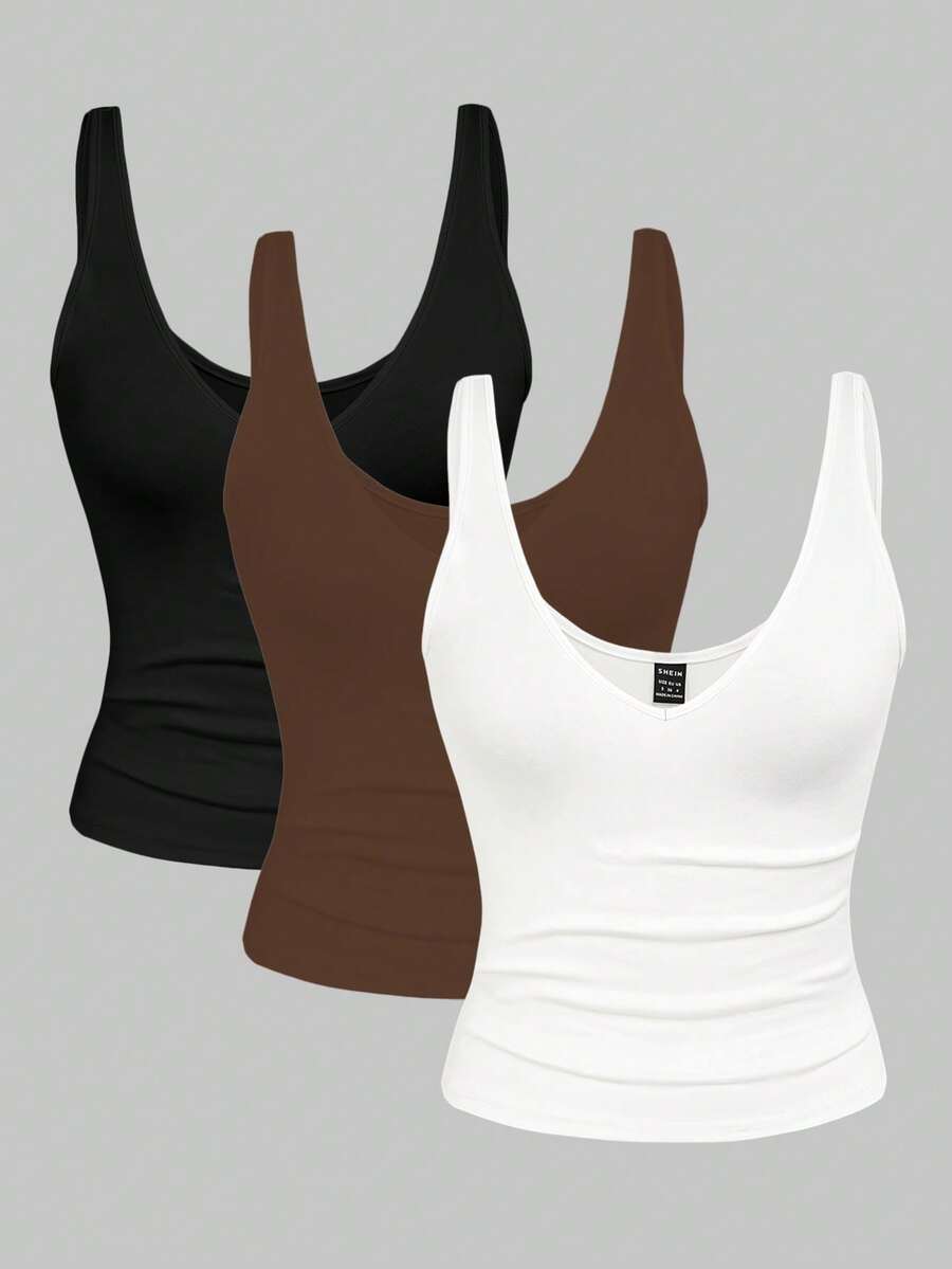 INAWLY 2pcs Fitted Cropped Leopard Print & Solid Color V-Neck Camisole ...