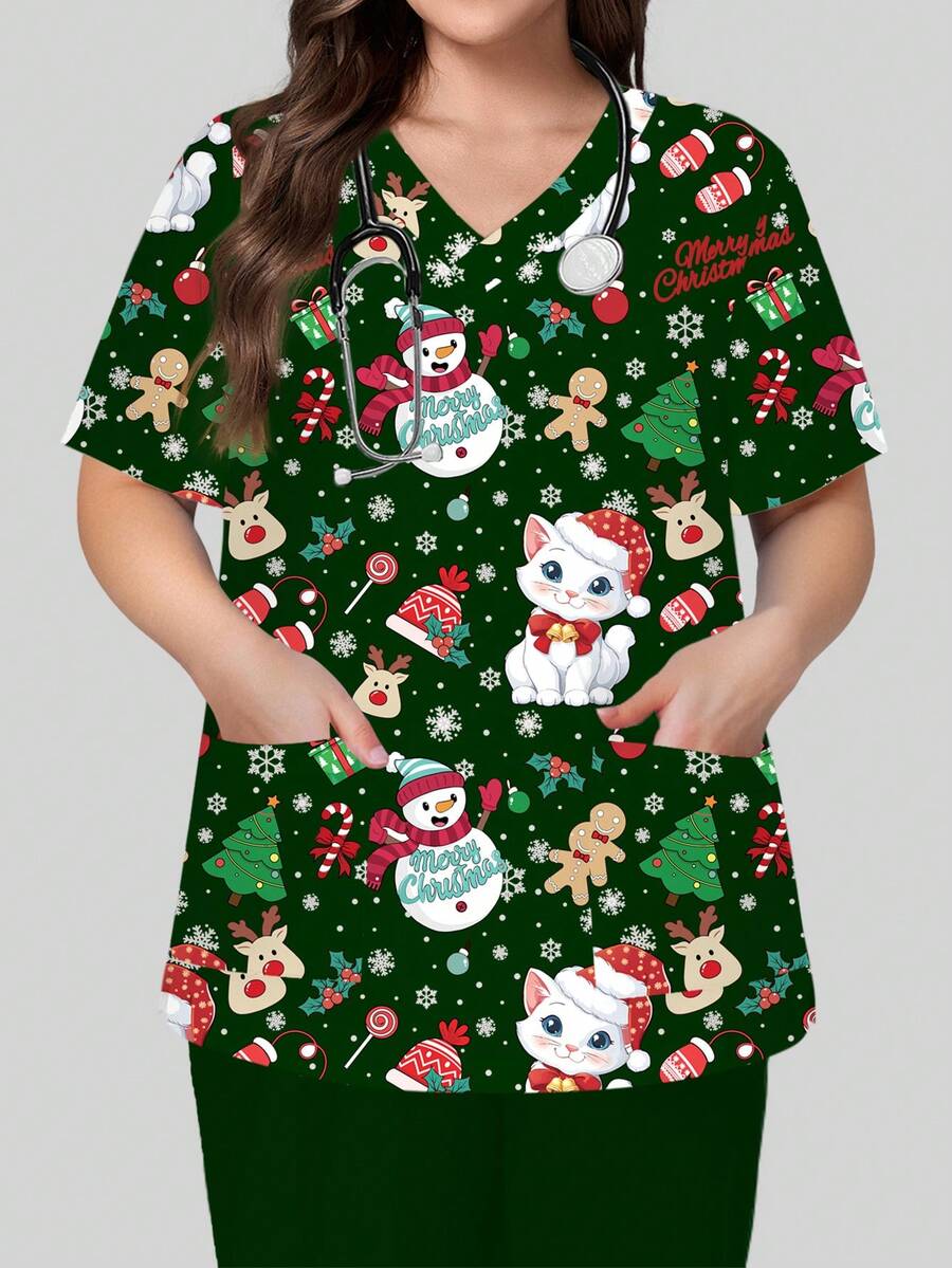 PopScrub Plus Size Christmas Green V-Neck Short Sleeve Double Pocket ...