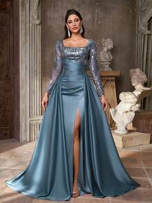 Aureia Elegant Luxurious Beaded & Sequin Floral Sheer Long Sleeve ...