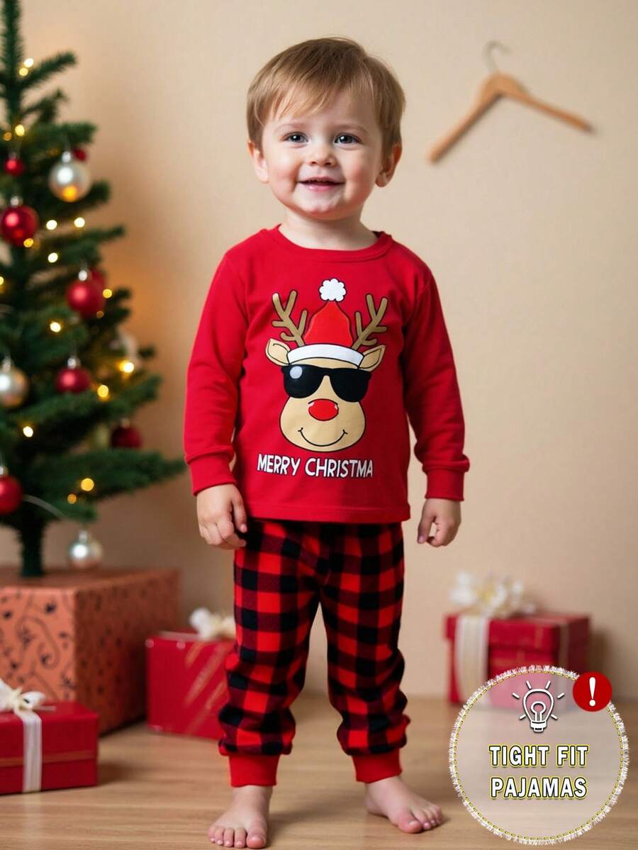 SHEIN Playful Pals 1pc Boys' Christmas Reindeer & Plaid PriSnug FitFit ...