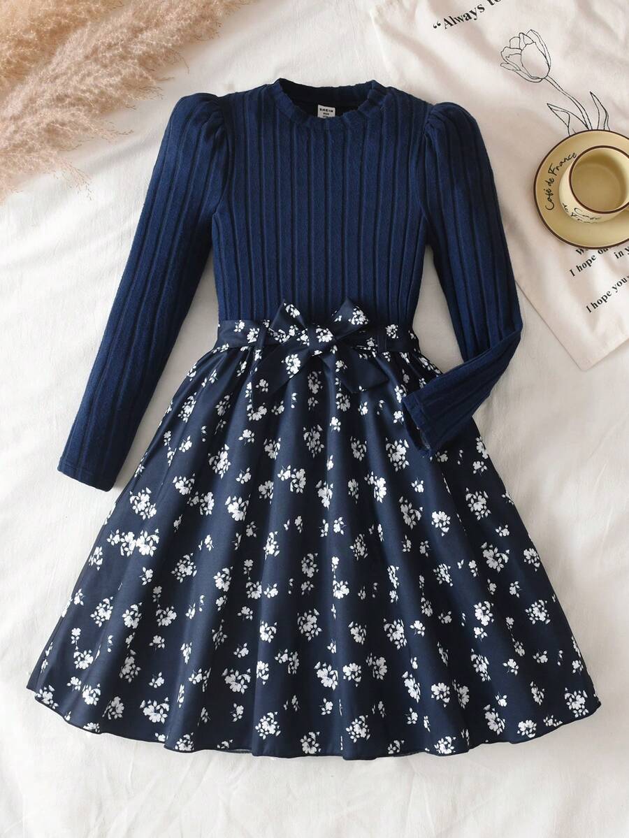 SHEIN 1pc Girls' Long Sleeve Floral Patchwork Knit Dress, Navy Blue ...