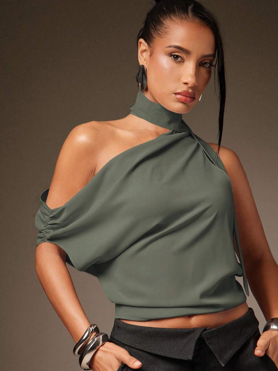 Hauture Sexy Summer Casual Basic One Shoulder Neck Scarf Ruched Blouse ...