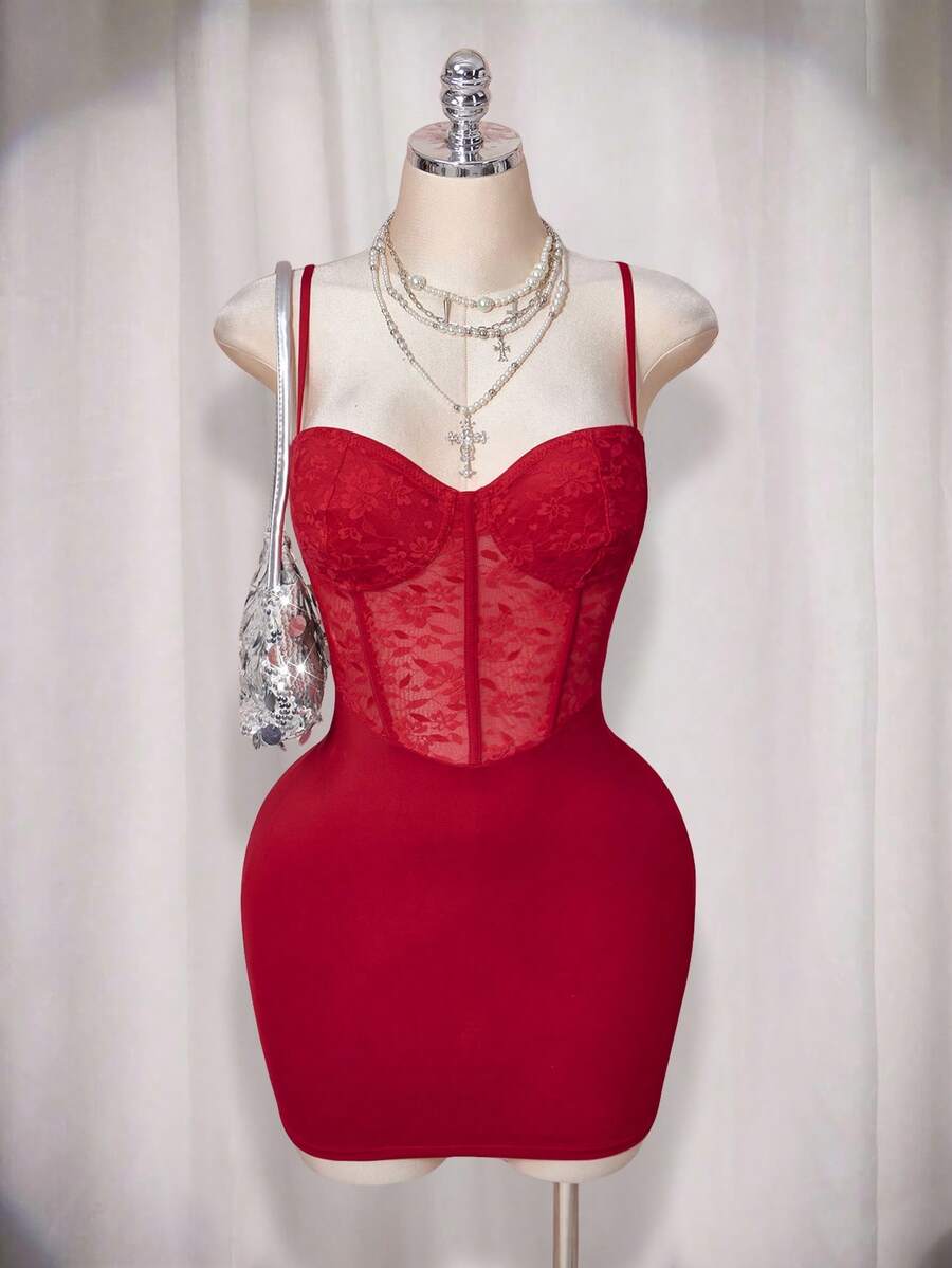 SHEIN ICON Vestido Corpete Vermelho Corselet Bodycon com Renda ...