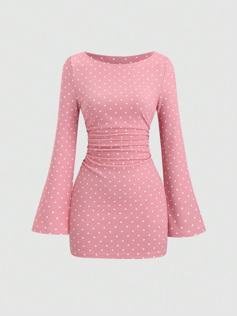 Sweetra Women's Autumn/Winter Round Neck Flared Sleeve Waist Ruched ...