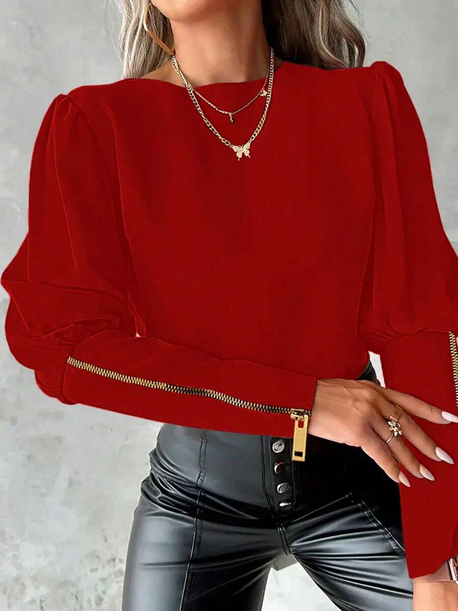 SHEIN Clasi Women Blouse With Puff Sleeves And Metal Zipper Design For ...