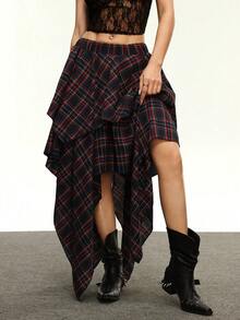 Rina Fox Damen Elastischer Bund Karomuster Asymmetrischer Saum Lässig ...