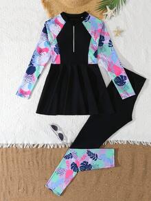 SHEIN Tween Girls Modest Swimwear 2-Piece Set,Long Sleeve Rash Guard ...