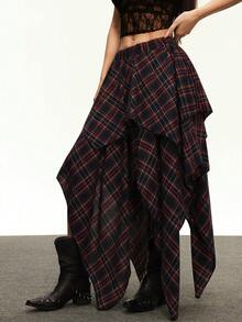 Rina Fox Damen Elastischer Bund Karomuster Asymmetrischer Saum Lässig ...