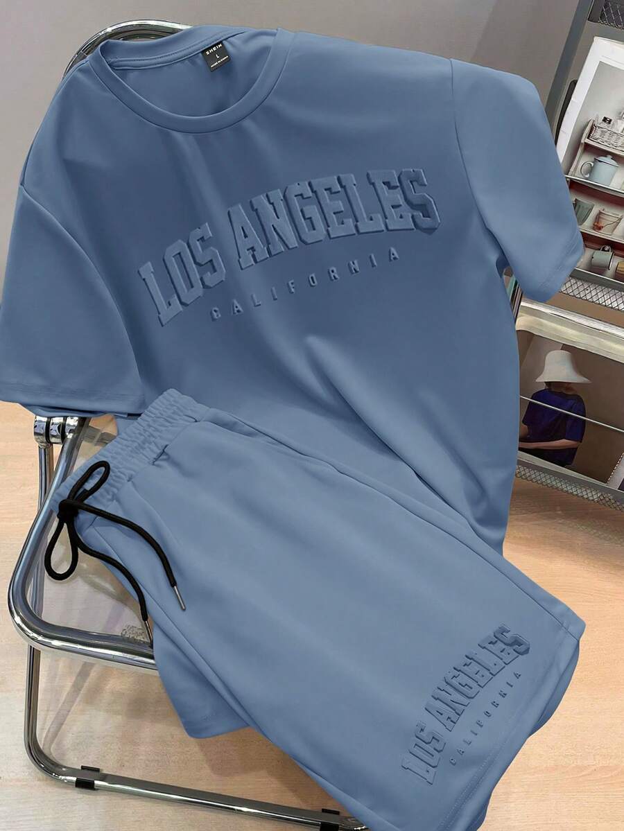 Manfinity Joysei 2pcs/Set Men's Standard Size Blue T-Shirt And Shorts ...