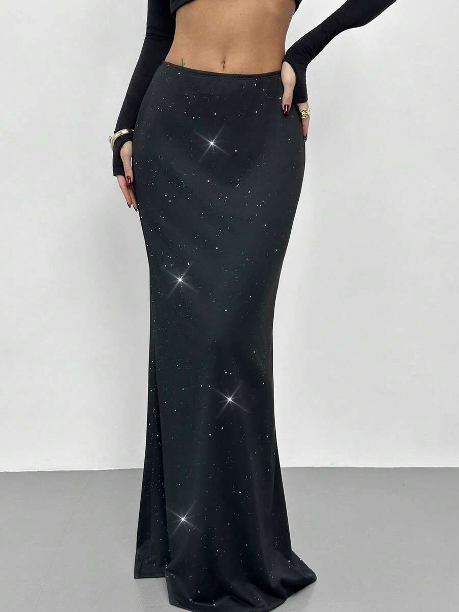 Firerie Saia Maxi Vintage Preta Brilhante Feminina, Saia Formal ...