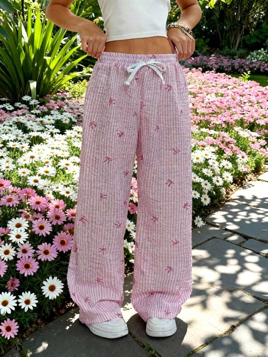 Sparklyn Tween Girl' Pink Striped Bow Print Bubble Textured Waist Band ...