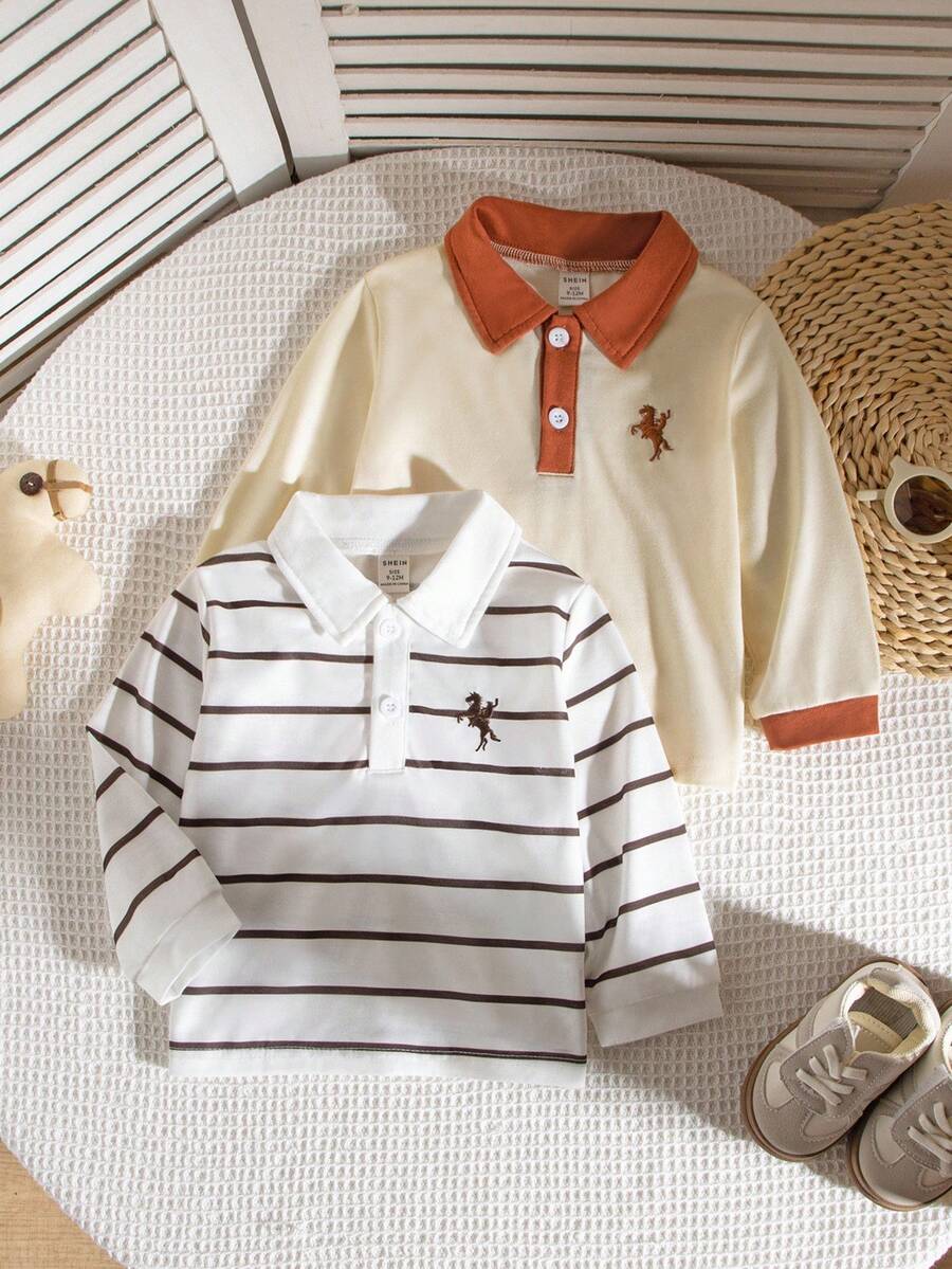 SHEIN Playful Pals Boys' Casual Striped + Solid Color Polo Shirt Set ...