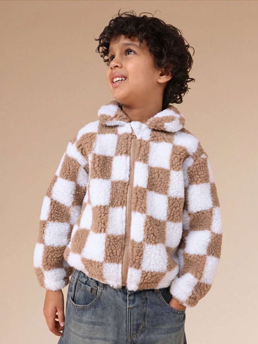 SUMWON Boys Checkerboard Fleece Zip Up Hoodie Jacket With Elastic Cuffs ...