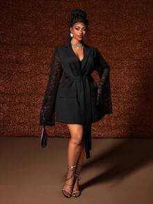 Maweii Plus Size Women Contrast Lace Long Sleeve Lapel Elegant Blazer ...