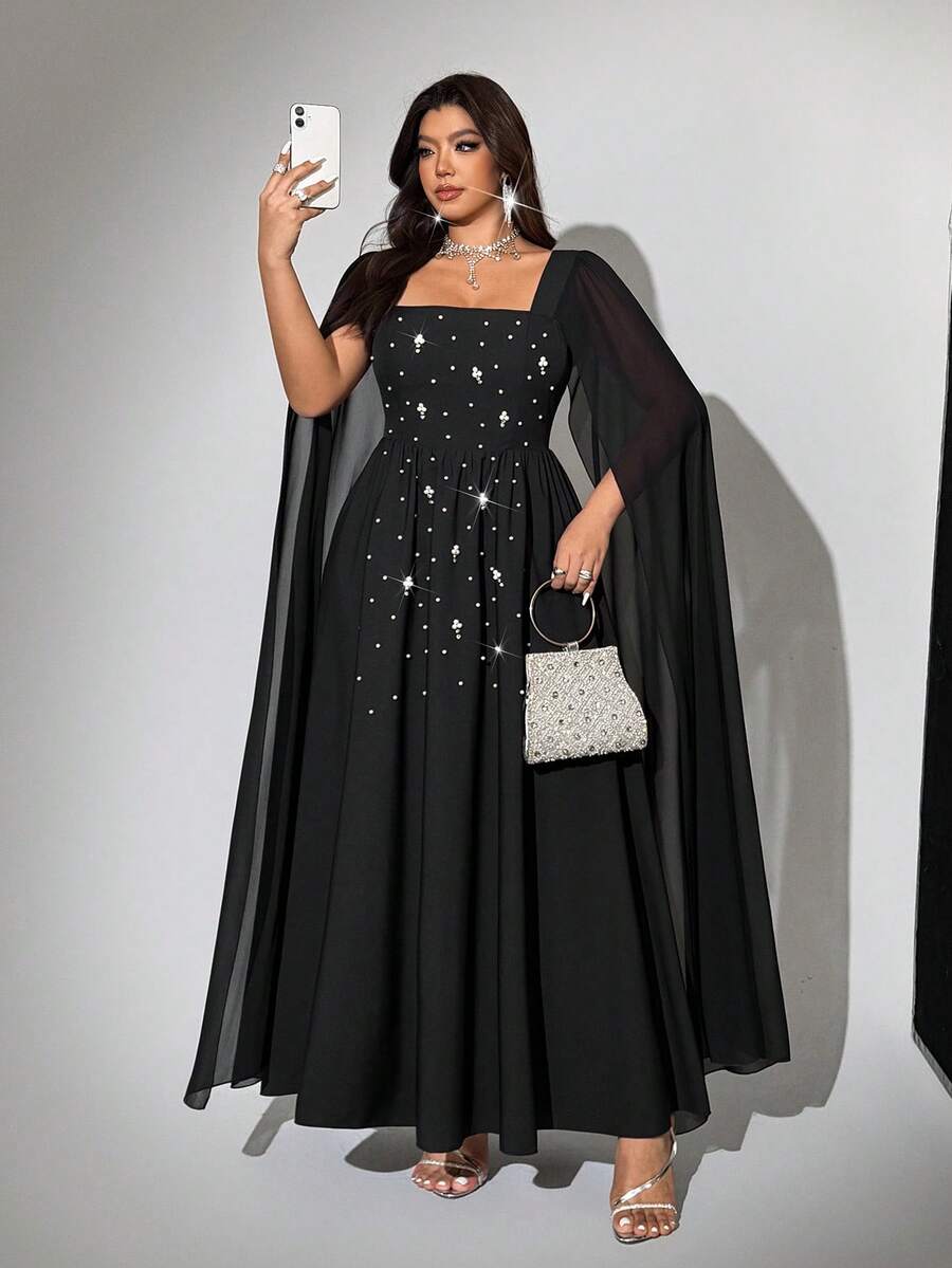 Viva Relle Vestido Longo Elegante de Manga Extra Longa com Decote ...