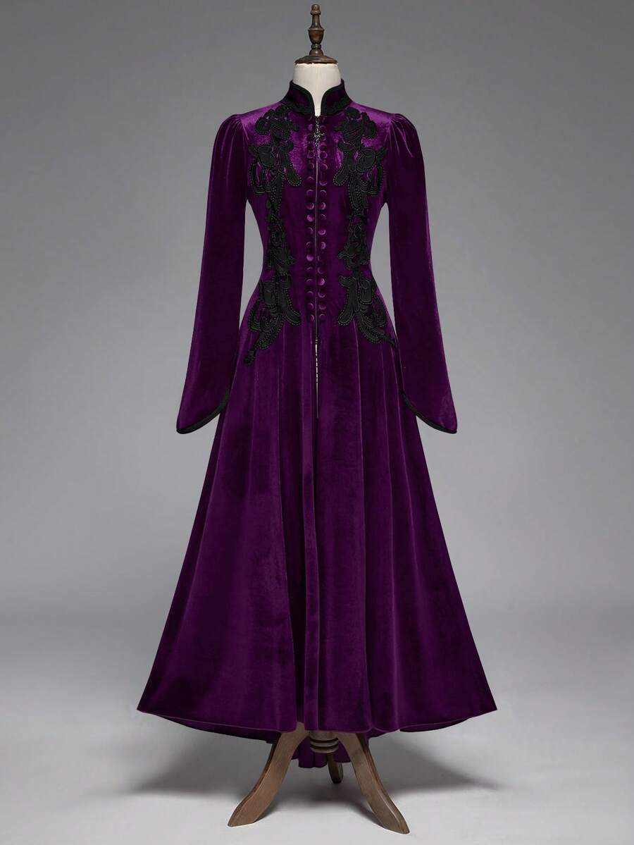 ROMWE Gothic Retro Palace Style Contrast Color Lace Trim Velvet Long ...