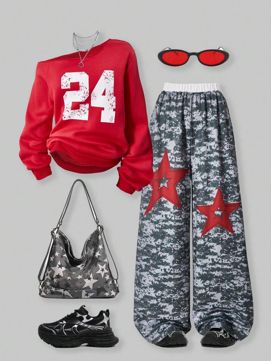 SHEIN ChillGRL Teen Girls' Colorblock Numeric Print Long Sleeve ...