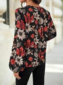 SHEIN Clasi Women's Elegant Black Floral Print V-Neck Long Sleeve ...