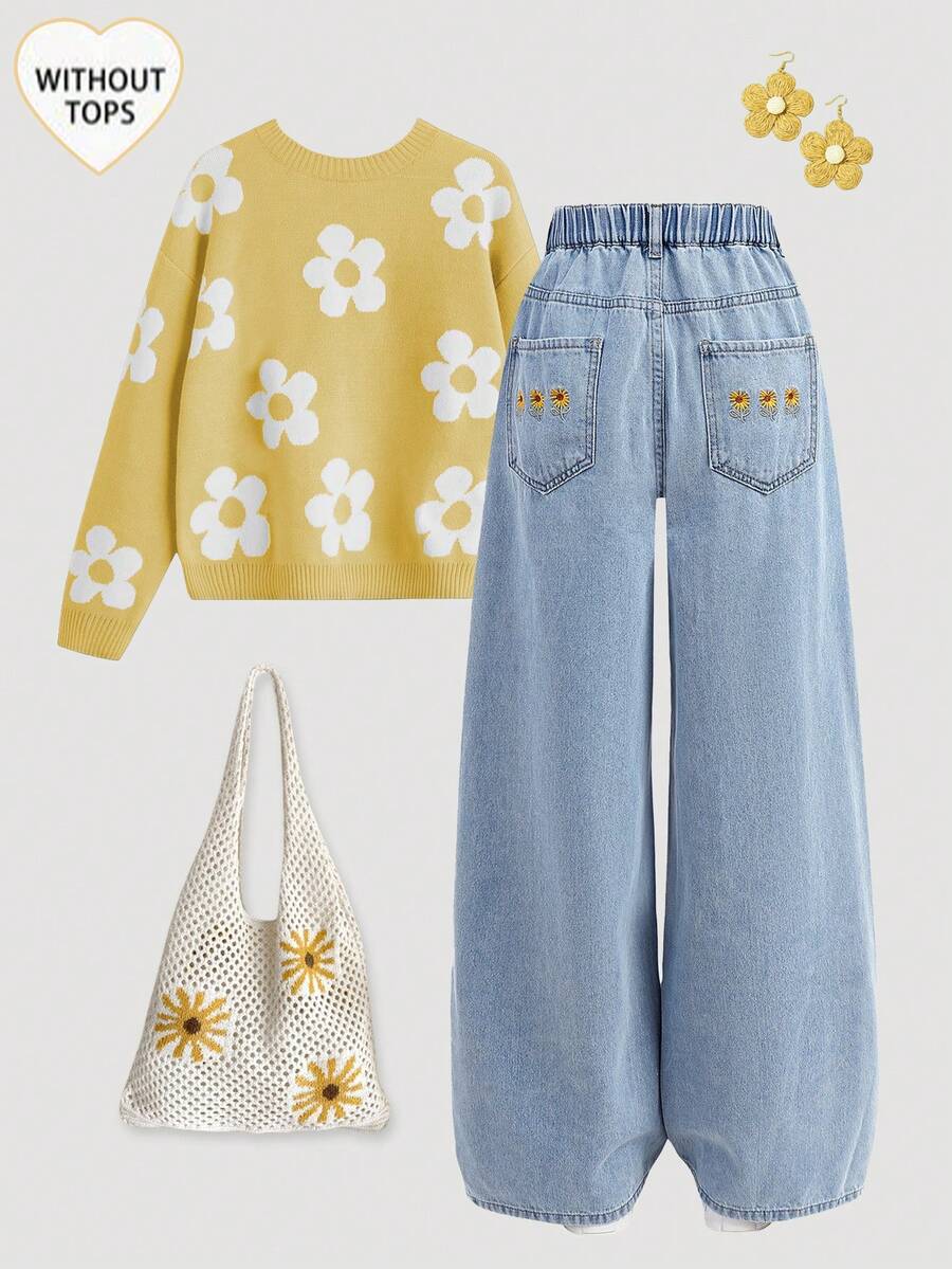 Girlism Jeans de mezclilla azul de ajuste holgado con bordado de ...