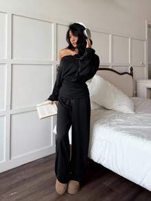 SHEIN EZwear 2pcs/Set Women Knitted Black Autumn Casual Elegant Lounge ...