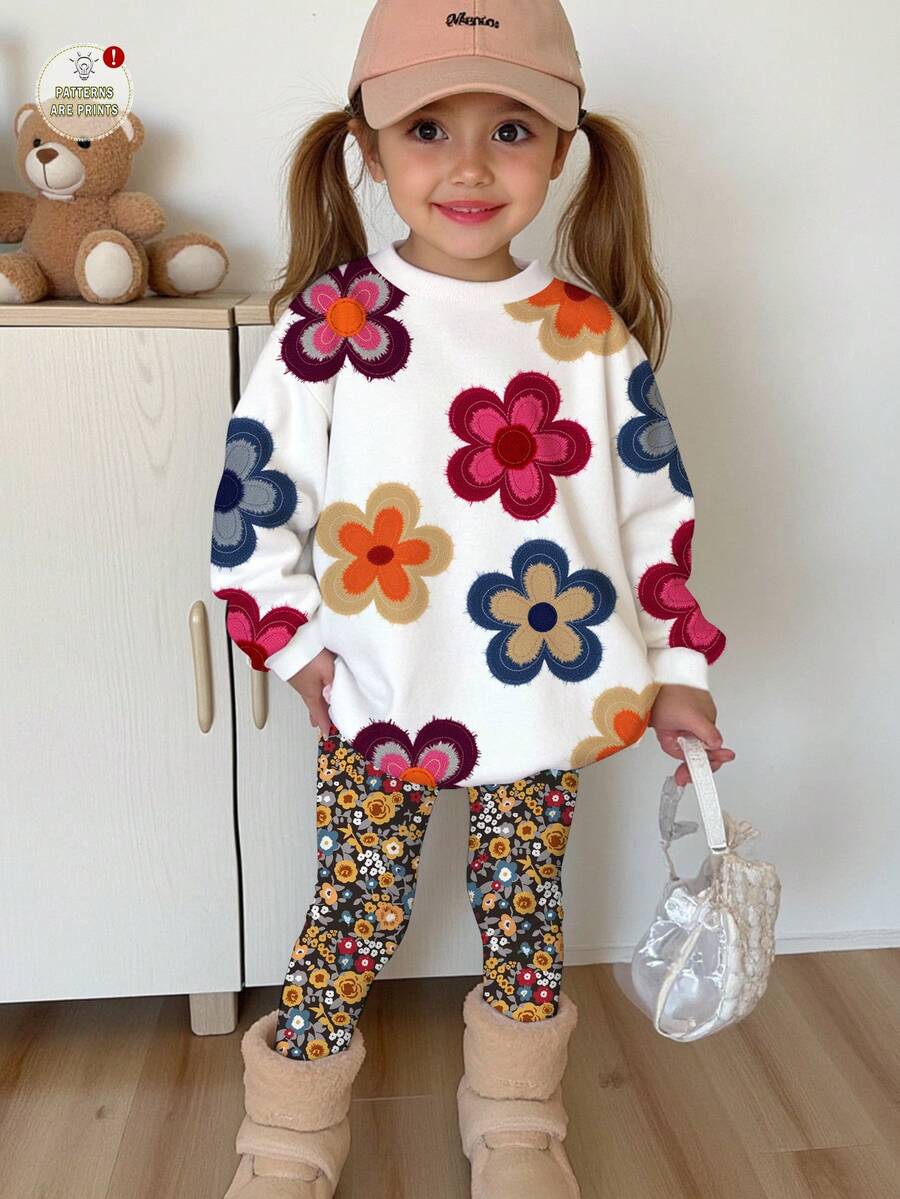 2pcs/Set Young Girl Casual Cute Textured Floral Print Crew Neck Long ...