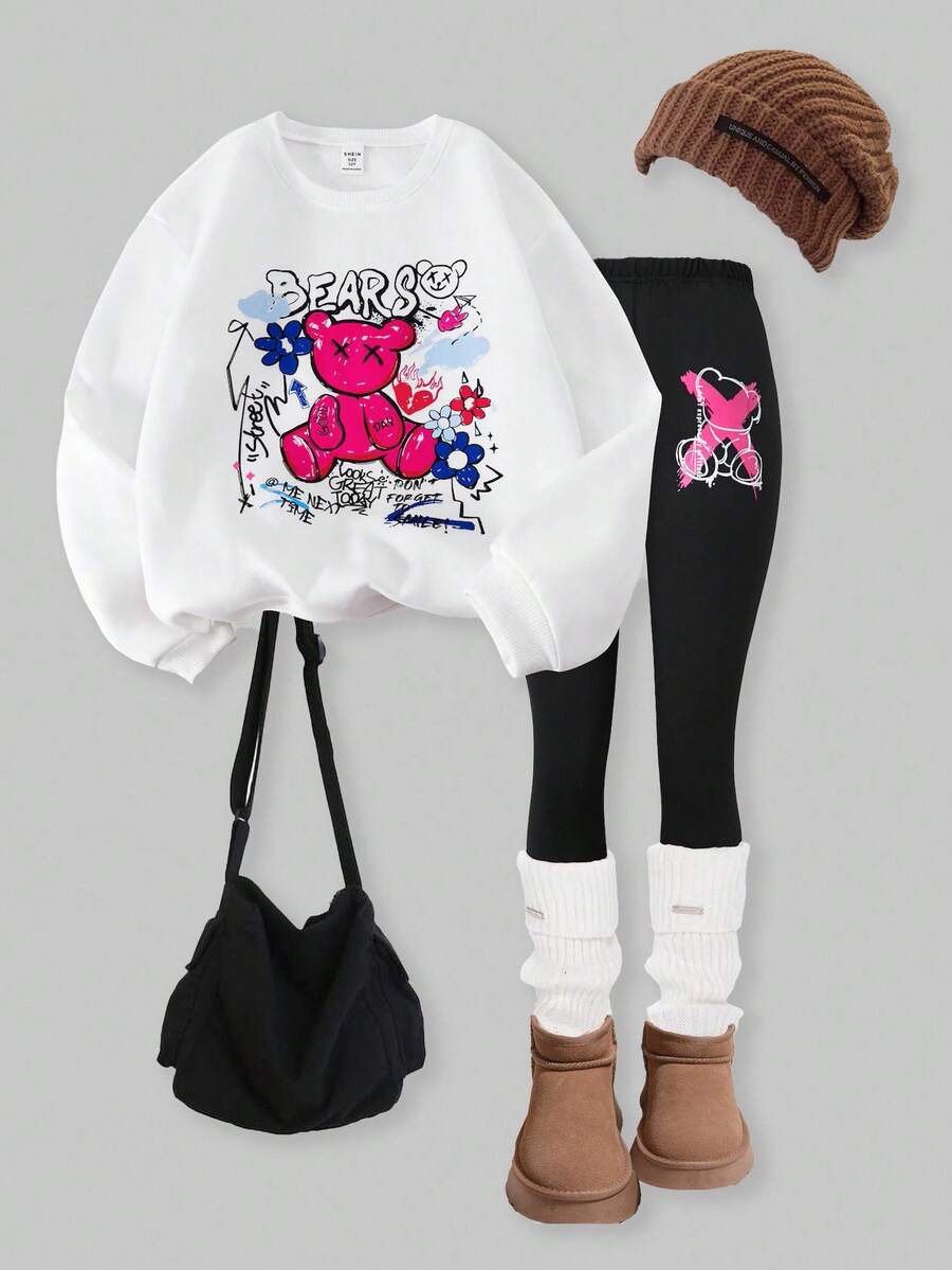 SHEIN Explorewe 2 Stücke/Set Tween-Mädchen Weiß Rundhals Teddy Bär ...