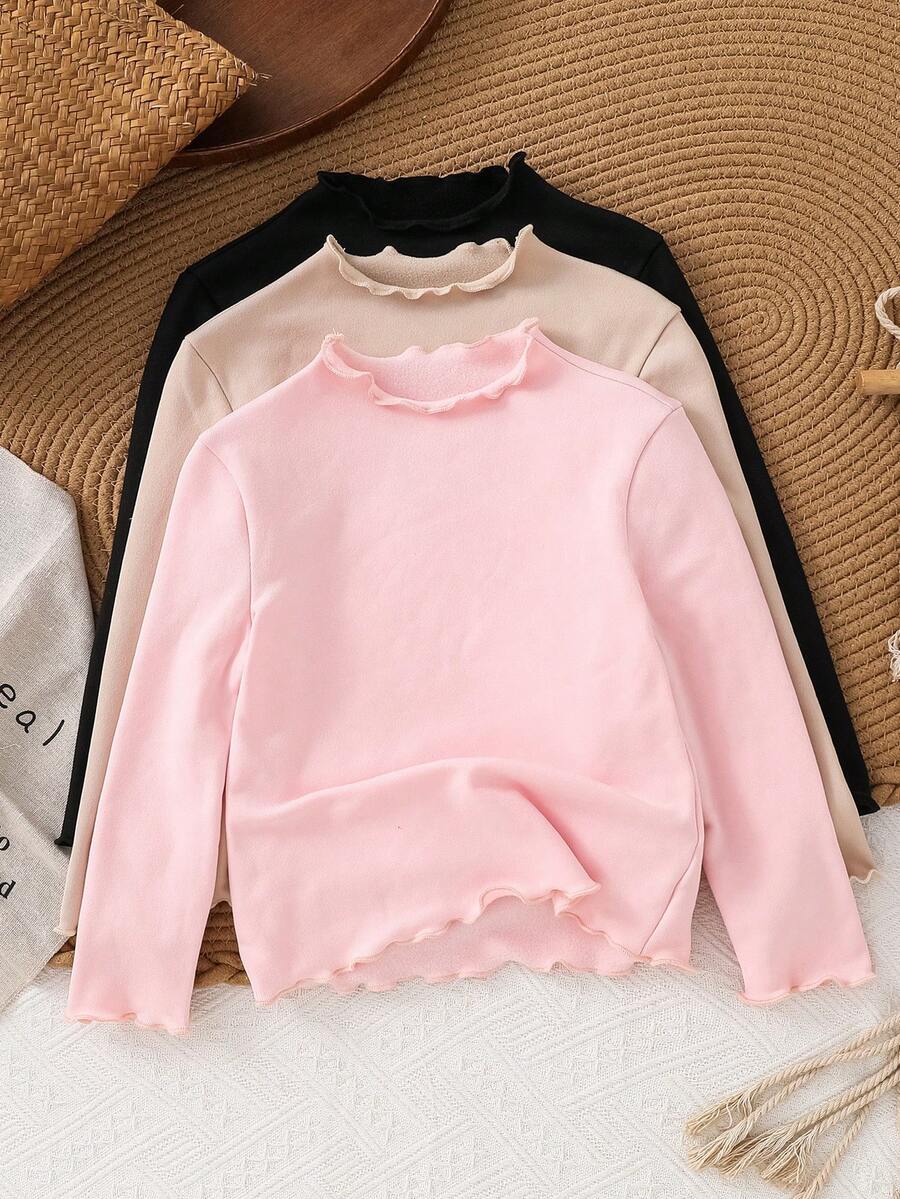 LMoss Kids 3pcs/Set Young Girl Solid Color Ribbed Collar Thermal Lined ...