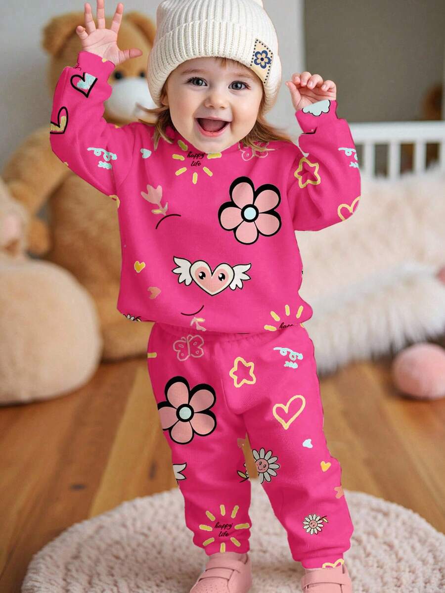 Baby Girls Fuchsia Pink, Cute Floral & Heart Graphic Print, Baby Girl ...