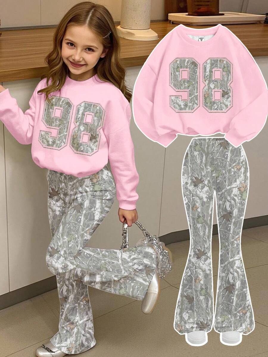 SHEIN Leap Crew Tween Girls Autumn Camouflage Tree Branch & Leaf ...