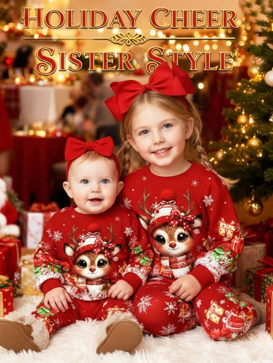 Angola Red, Cute Reindeer & Snowflake Print, Glitter Snowflake, Baby Girl Casual Knit Soft Thick ...