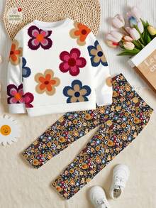 2pcs/Set Young Girl Casual Cute Textured Floral Print Crew Neck Long ...