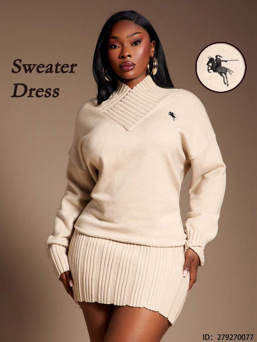 SHEIN SXY Plus Size Women's Elegant Overlap V-Neck Logo Embroidered ...