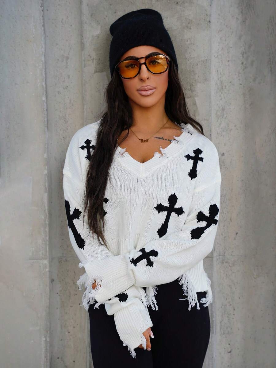 SAYEHFBABY ฤดูใบไม้ร่วงและฤดูหนาว สไตล์ทรุดโทรม ท็อปแบบไขว้สีขาว เสื้อ ...