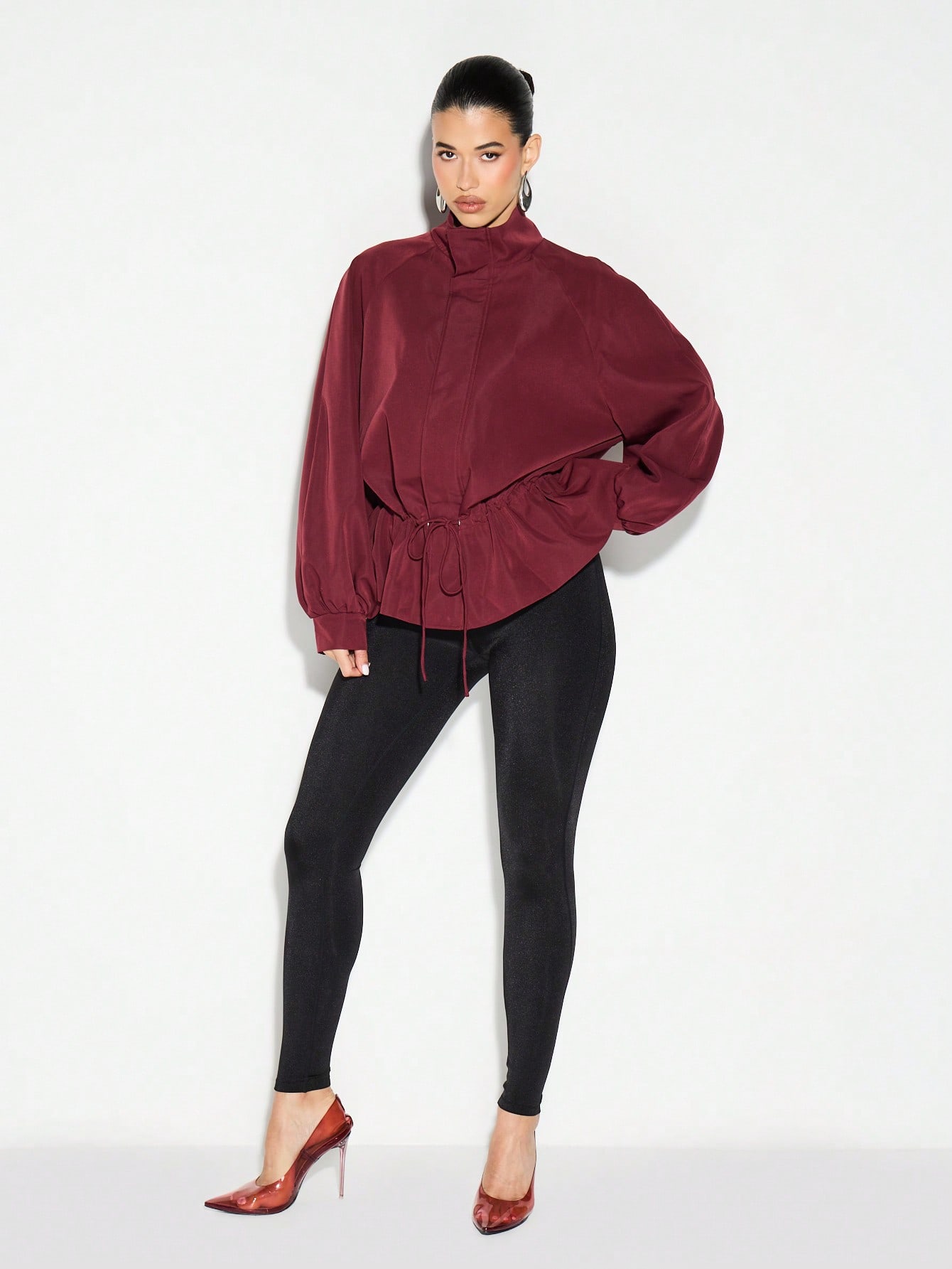 KIZN Burgundy Funnel Neck Drawstring Waist Jacket Long Sleeve Oversized ...