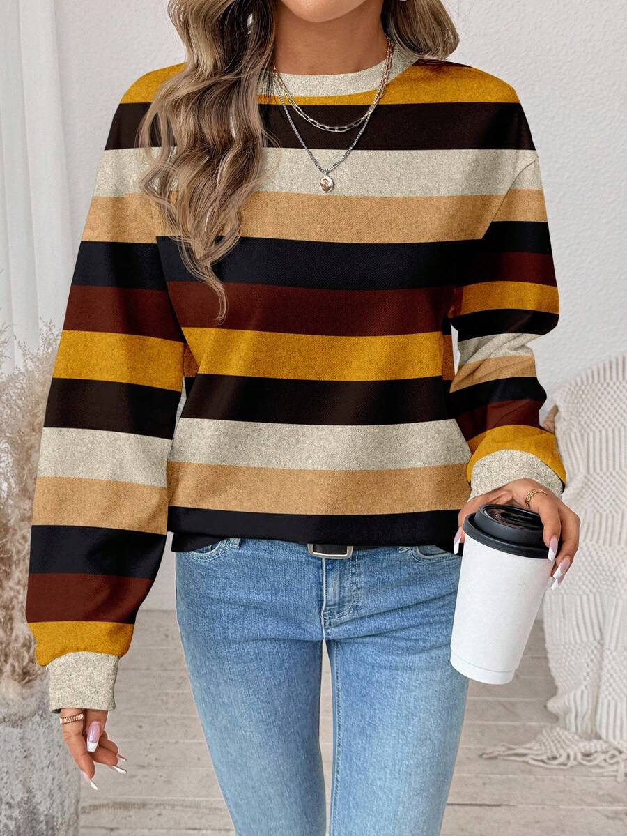 EMERY ROSE Casual Minimalist Colorblock Striped Print Round Neck Loose ...