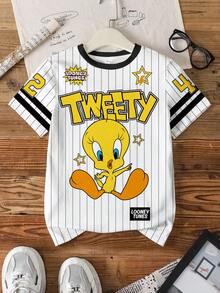 LOONEY TUNES X SHEIN Young Boy Summer Casual Striped Letter & Cartoon Graphic Round Neck Short ...
