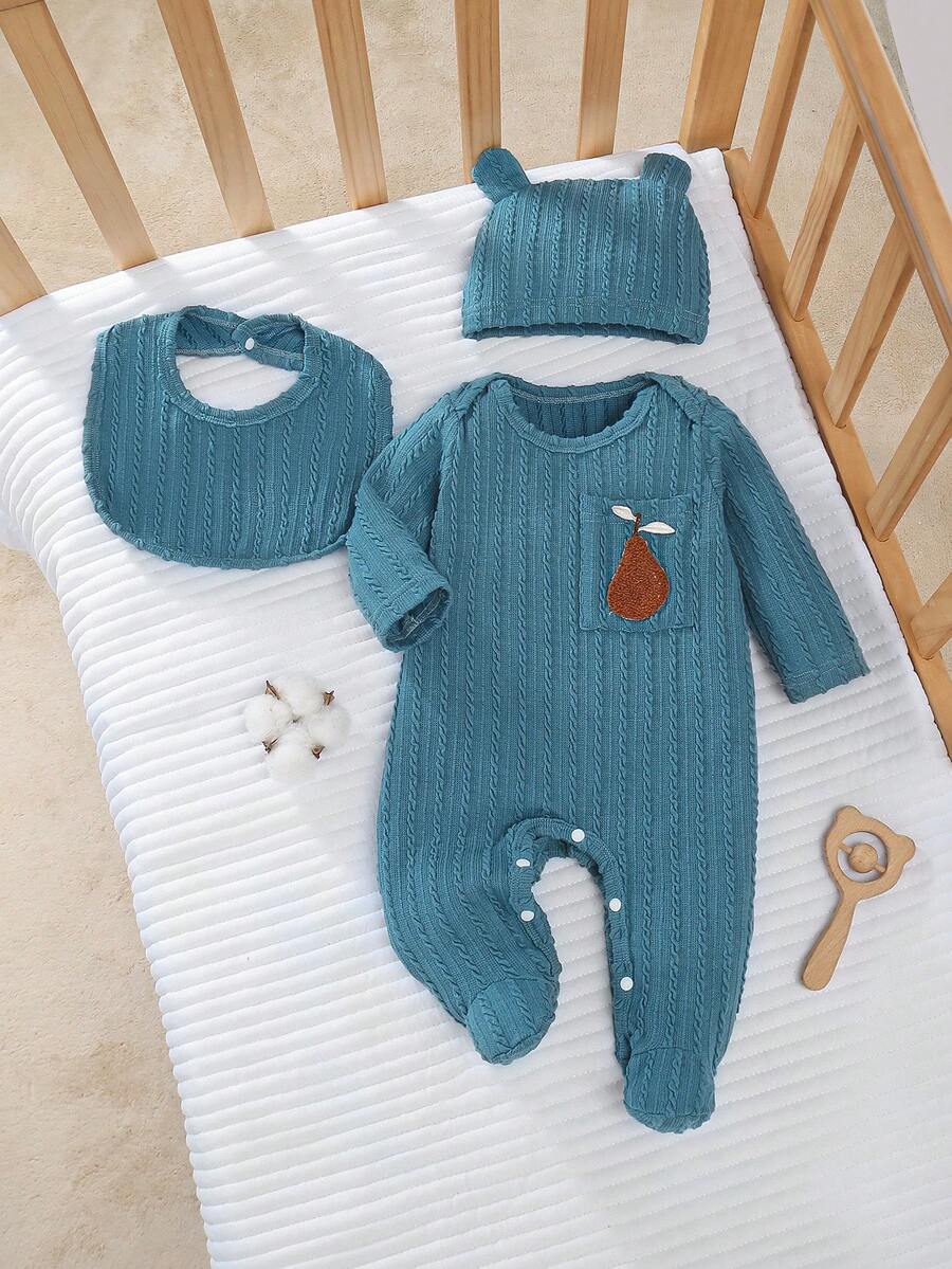 Newborn Baby Loungewear 3-Piece Combo Set - Teal Blue Pear Embroidery ...