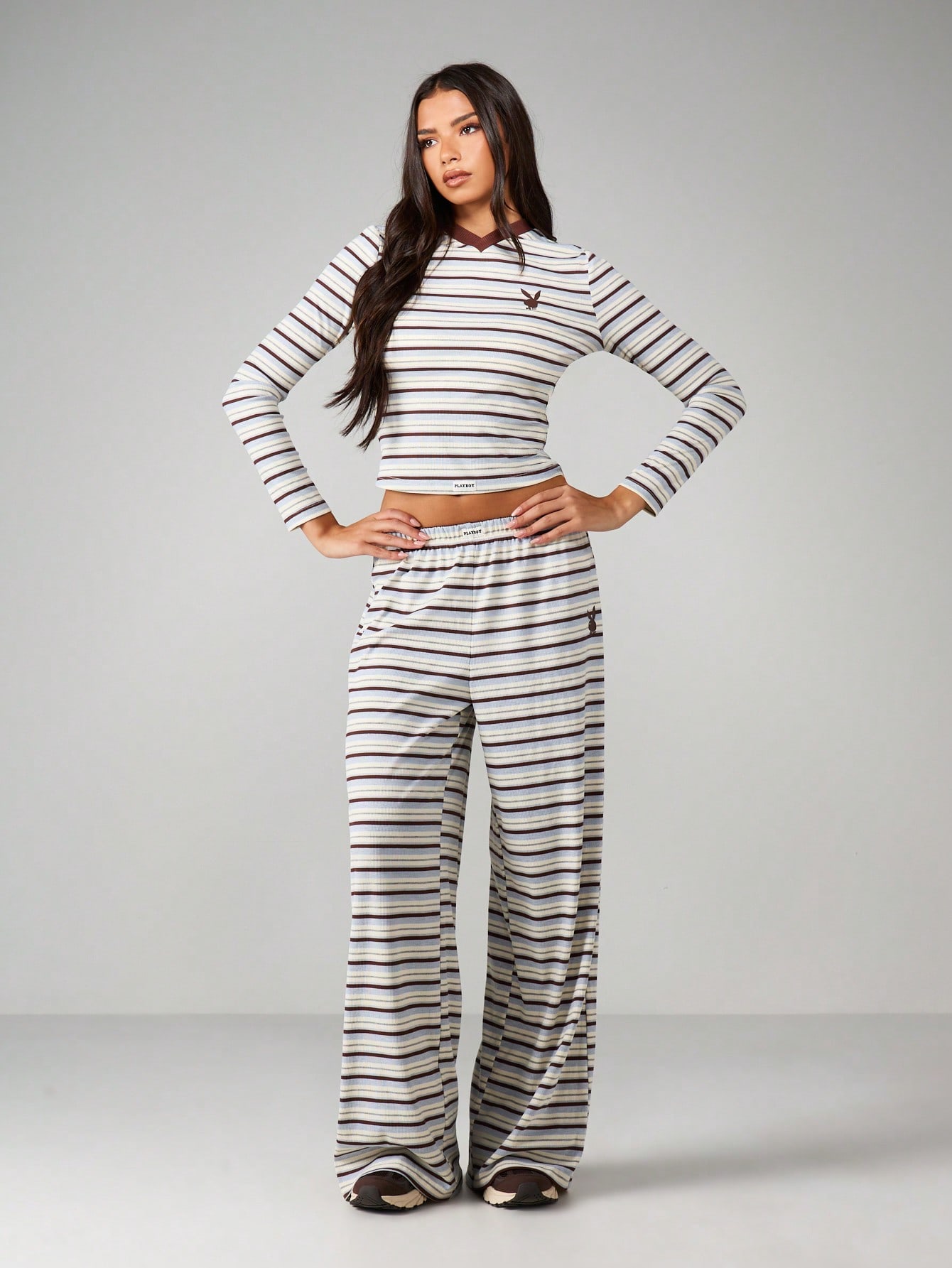 Missguided x Playboy Ribbed Striped Crop Top With Wide Leg Pants｜MISSGUIDED