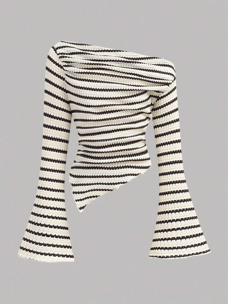 SHEIN Tween Girl Asymmetric Shoulder Striped Knit Top, Casual Fashion ...