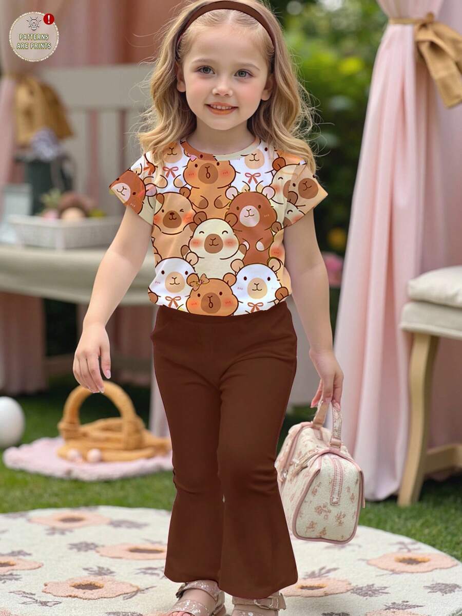 2pcs/Set Young Girl Casual Cartoon Pattern Round Neck Short Sleeve Top ...