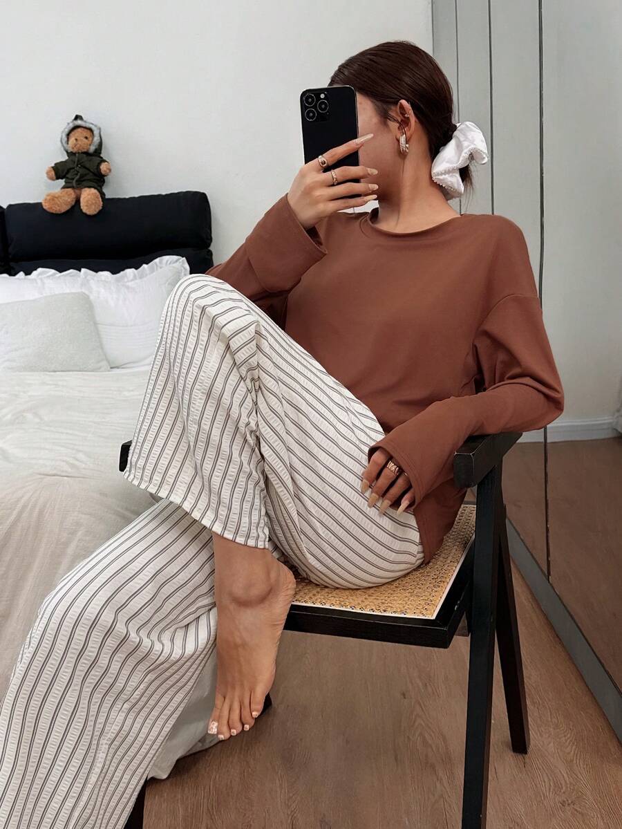 Dream Adore Kontrastfarben gestreiftes Langarm & Hose Loose Damen ...