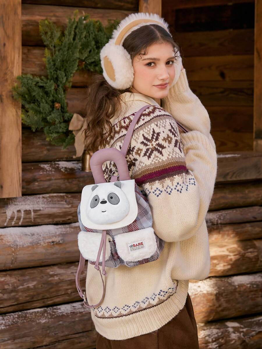 We Bare Bears X SHEIN 1pc Fashionable Plaid Print Large Capacity Cute ...