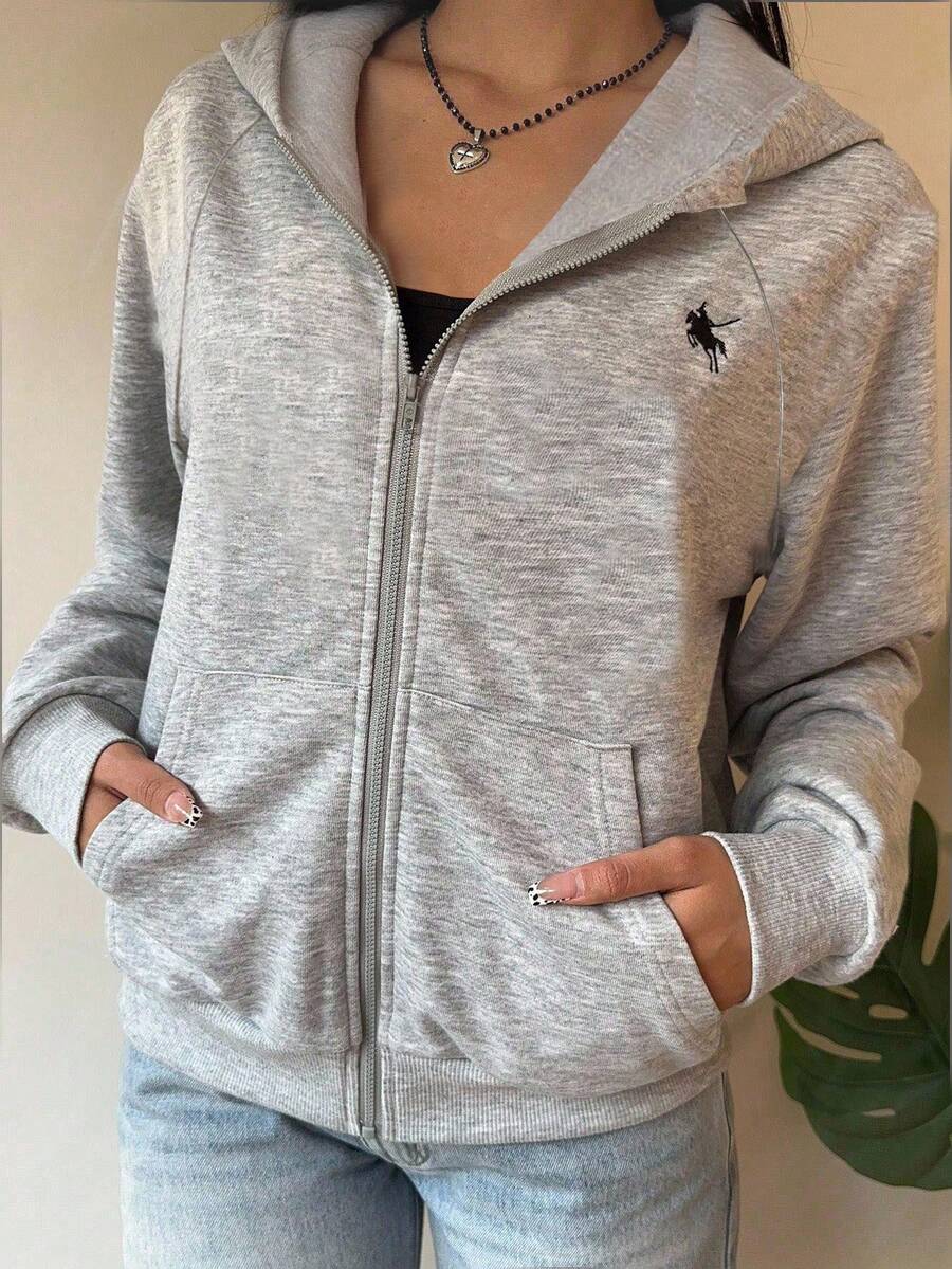 SHEIN Tween Girl Zip Up Grey Solid Color Sweatshirt,In Fall/Winter for ...